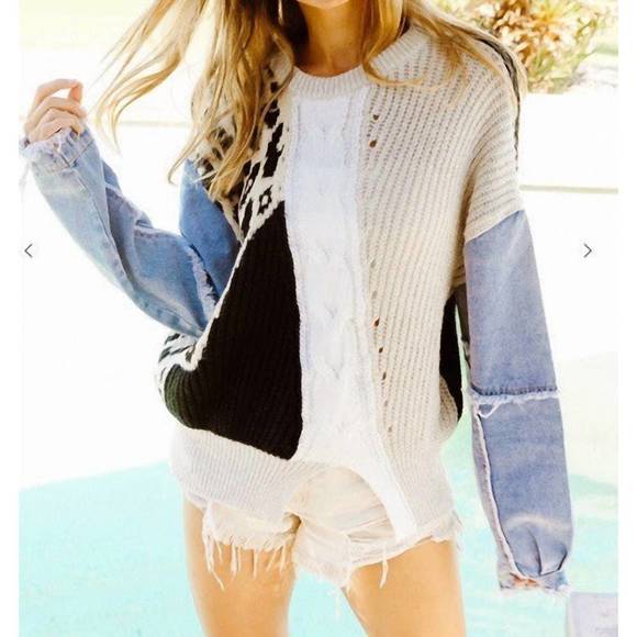 French Connection | Sweaters | New French Connection Denim Sleeve Sweater In Denimivoryblack ...